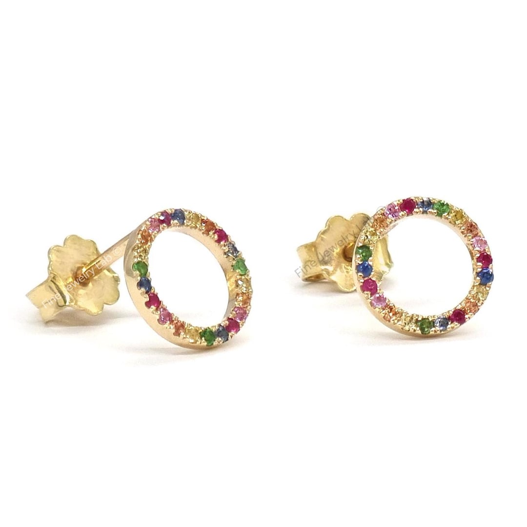 Solid Gold Multicolor Sapphire Circle Studs, Rainbow Earrings - Etsy UK