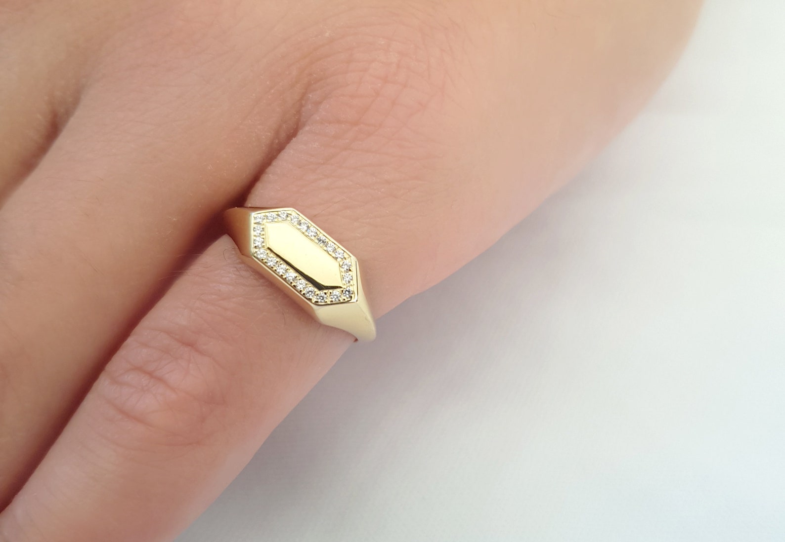 Large Hexagon outline diamond ring Diamond signet ring in | Etsy