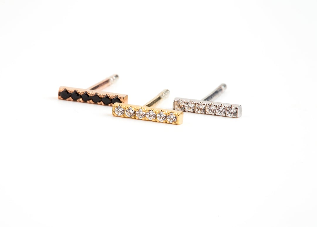 Tiny Diamond Bar Earrings, Dainty Bar Studs With Diamonds, Black ...