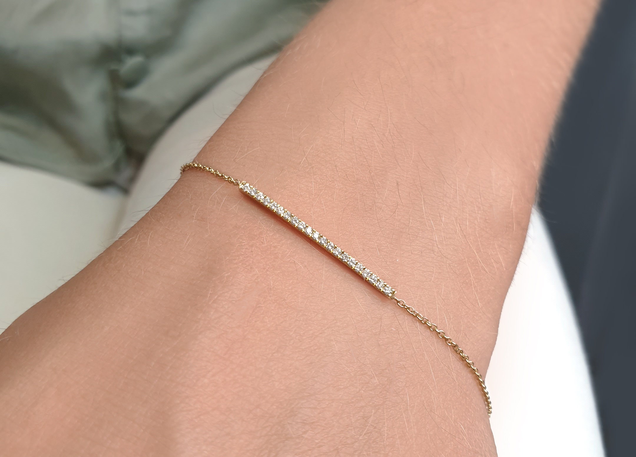 Thin solid gold bar bracelet with diamonds gold bar bracelet | Etsy
