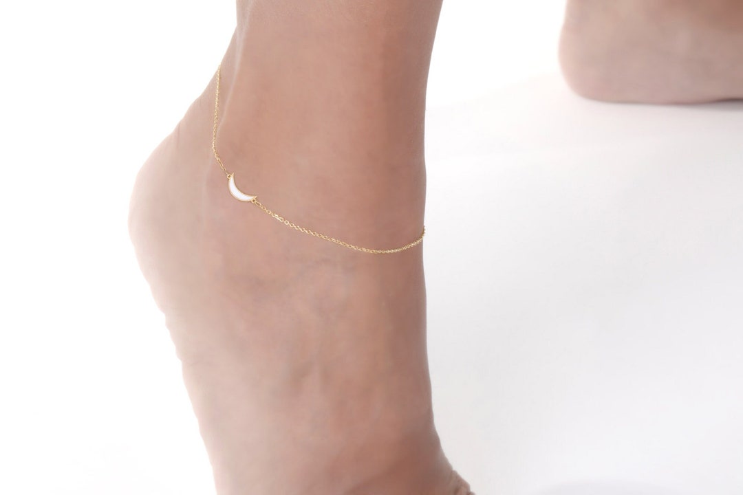 Dainty Moon Anklet in Solid Gold, Crescent Gold Anklet, Moon Charm Anklet, Enamel Anklet in ...