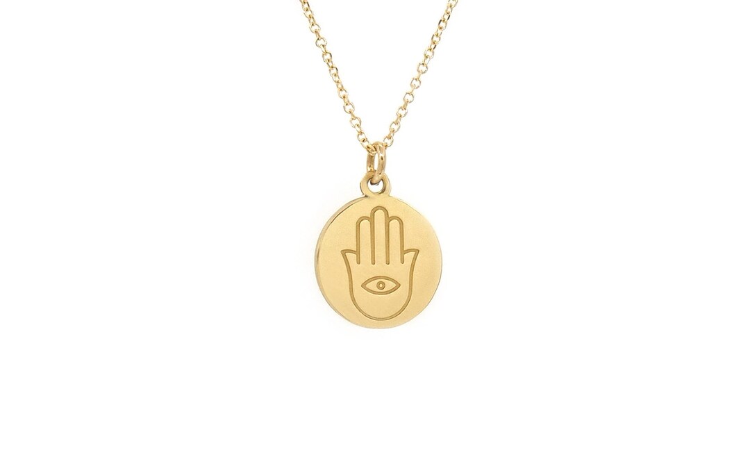 Solid Gold Hamsa Hand Coin Disc Necklace, Spirituality Minimalist Solid ...