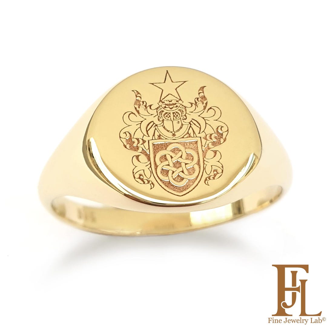 Personalized Solid Gold Family Crest Signet Ring, Custom Engraved Ring ...