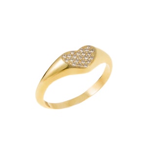Small Heart Ring in Solid Gold With Natural Diamonds, Signet Ring With ...