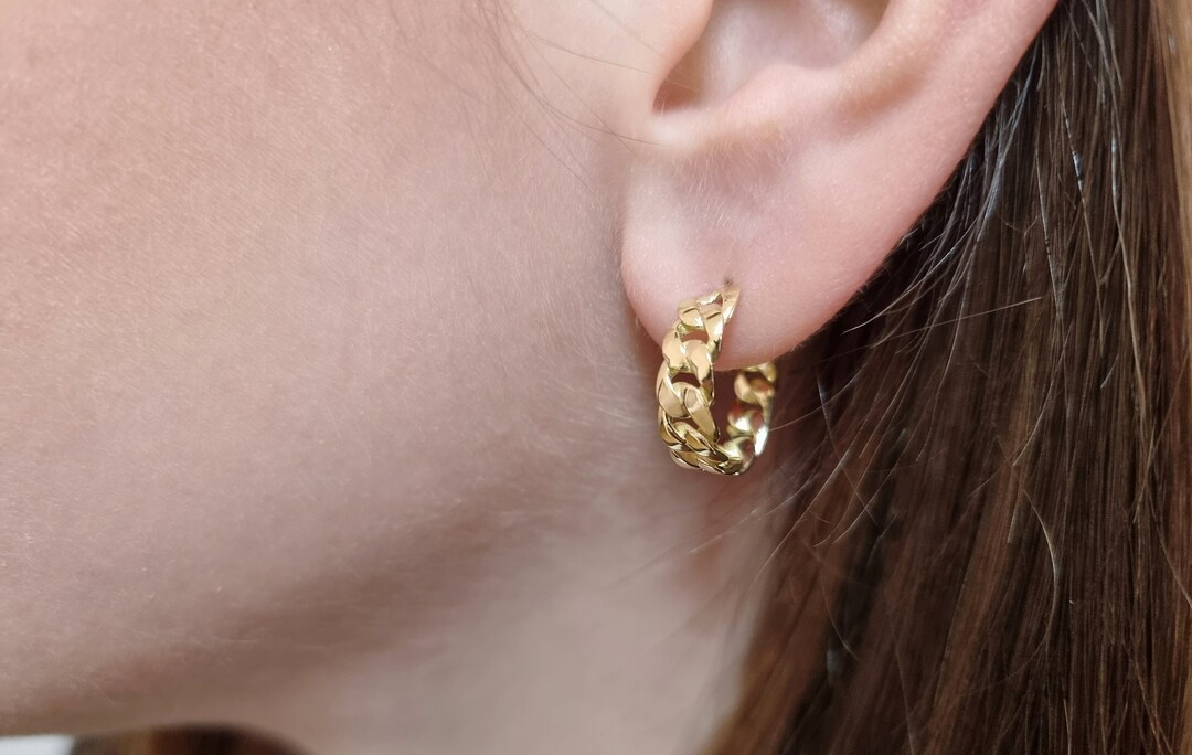 Link Gold Hoop Earrings, Solid Gold Cuban Chain Hoops for Women, Bold ...