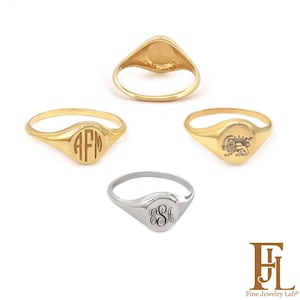 Dainty Oval Signet Ring for Women in Solid Gold, Gold Monogram Ring for Pinky, Initial Signet ...