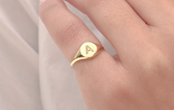 Solid Gold Monogram Ring for Women Any Letter Signet Ring Dainty Round Signet Ring Made of Solid Gold Personalized Ring Gift Etsy