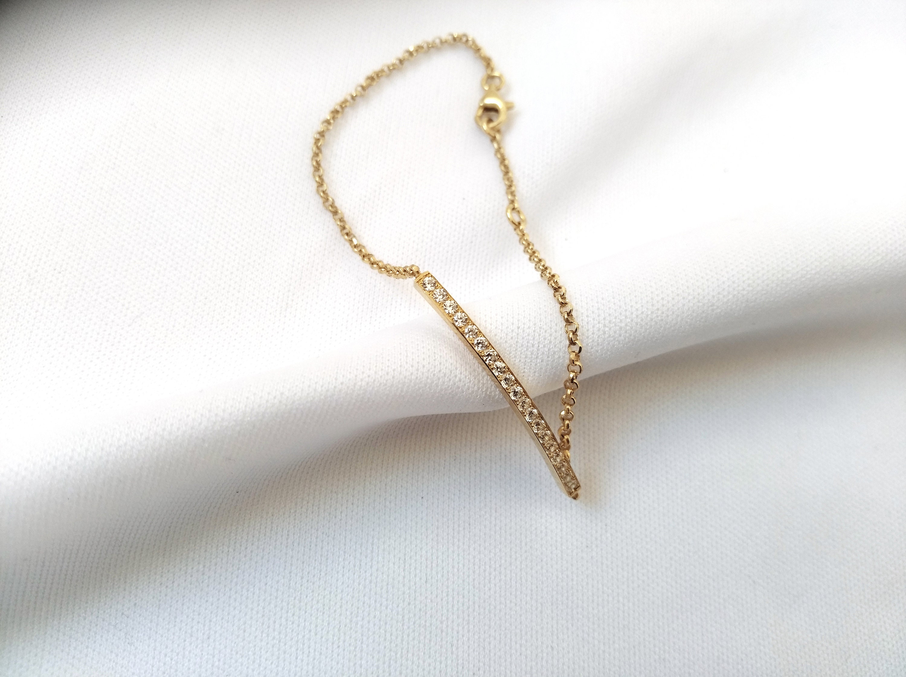 Solid Gold Bar Bracelet With 19 Diamonds Rose Gold Bar - Etsy