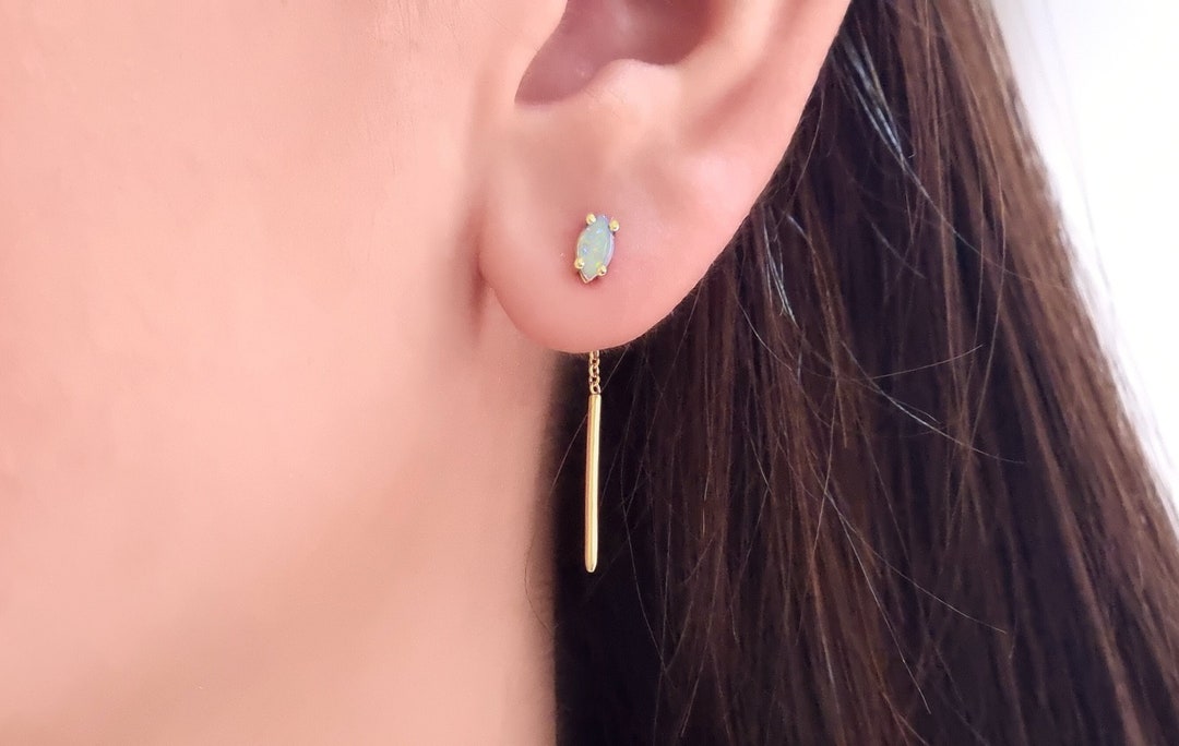 Natural Opal Threader Earrings Solid Gold Threader Earrings Marquise Opal Earrings Natural ...