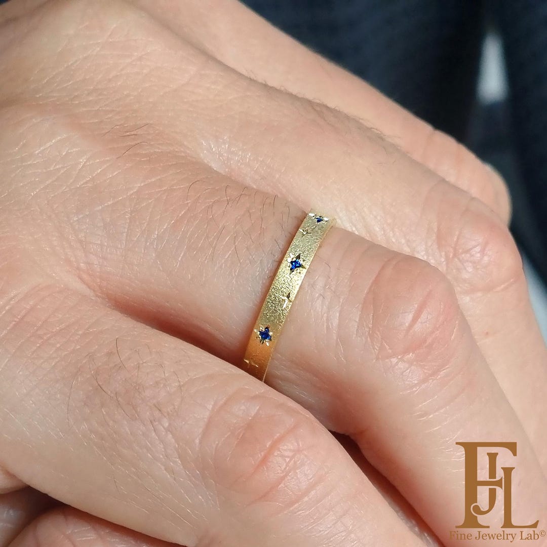 Solid Gold Star Diamond Band for Men, Hand-engraved North Star Pattern ...