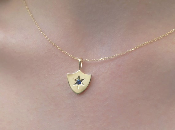 Diamond Shield Necklace in Solid Gold Star Diamond Shield | Etsy