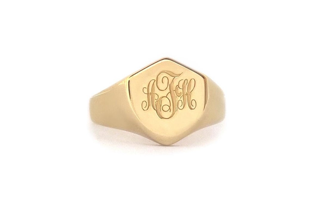 Unique Shield Signet Ring in Solid Gold, Unisex Solid Gold Monogram ...