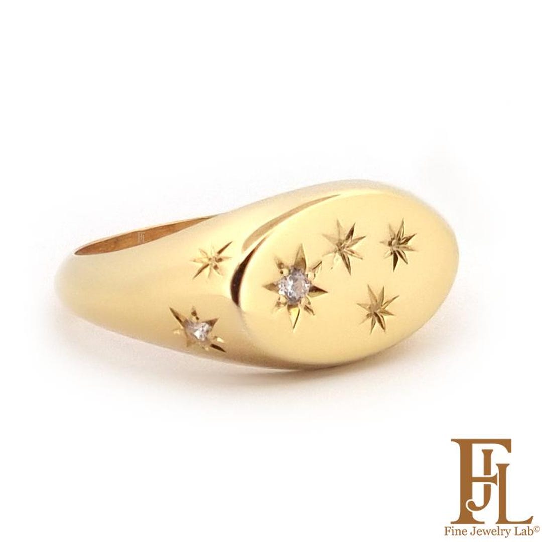 Solid Gold Diamond Polaris Ring, Oval Signet Stardust Band, Star ...