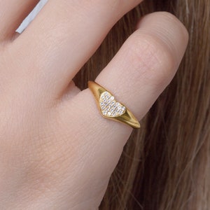 Small Heart Ring in Solid Gold With Natural Diamonds, Signet Ring With ...