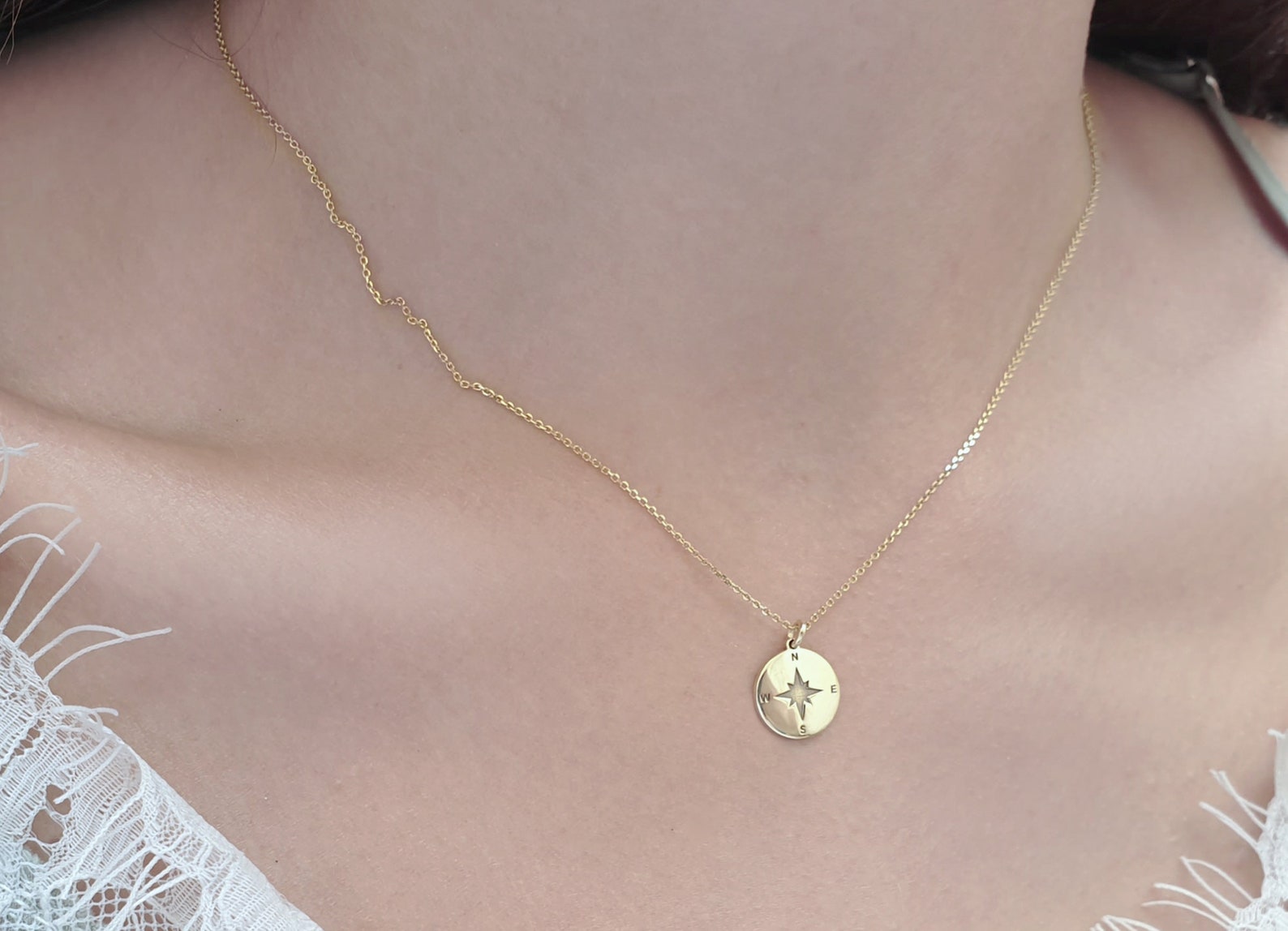Compass Necklace in Solid Gold Dainty Compass Disc Necklace - Etsy