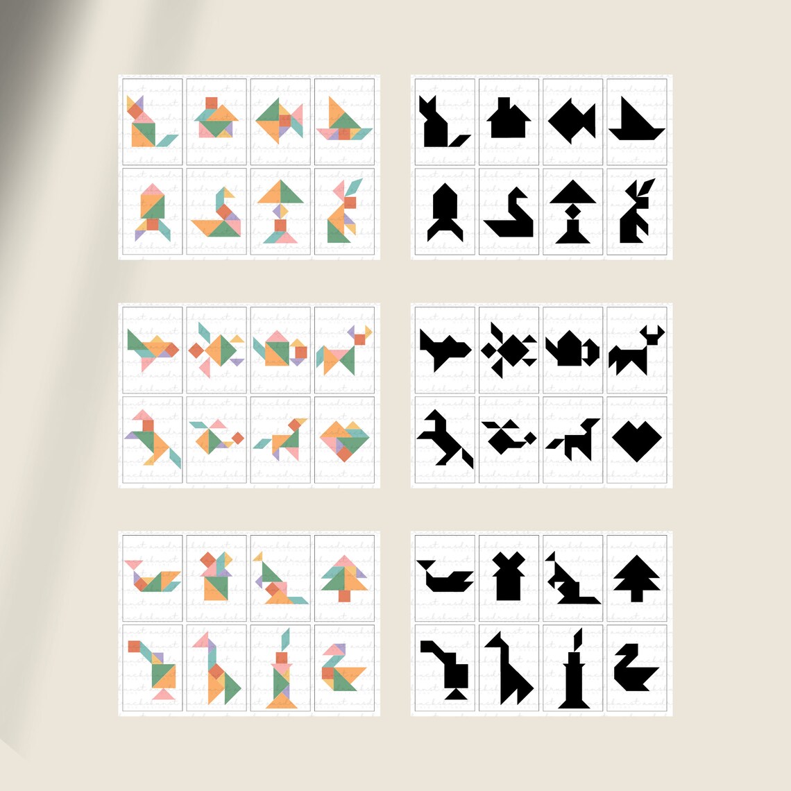 Cartes Tangram, modèles, deux niveaux de difficulté, puzzle, crèche ...