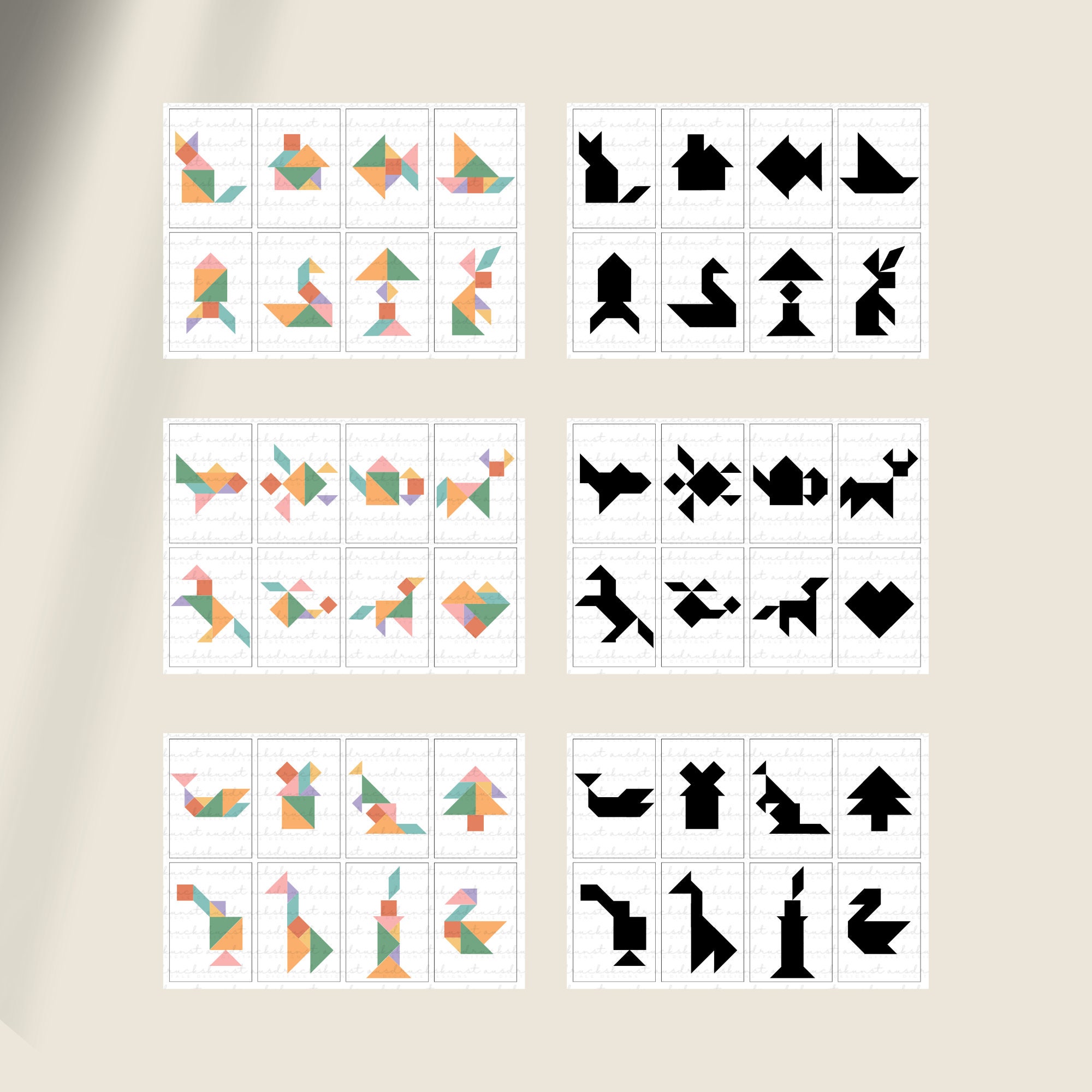 Tangram Cards, Templates, Two Levels of Difficulty, Puzzle, Nursery ...