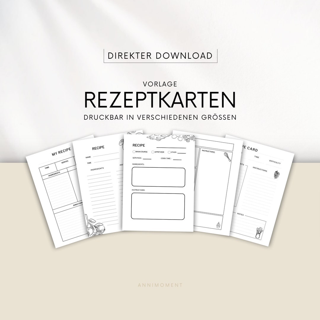 Printable Recipe Cards Individual 5 Different Designs for Recipe Folder ...