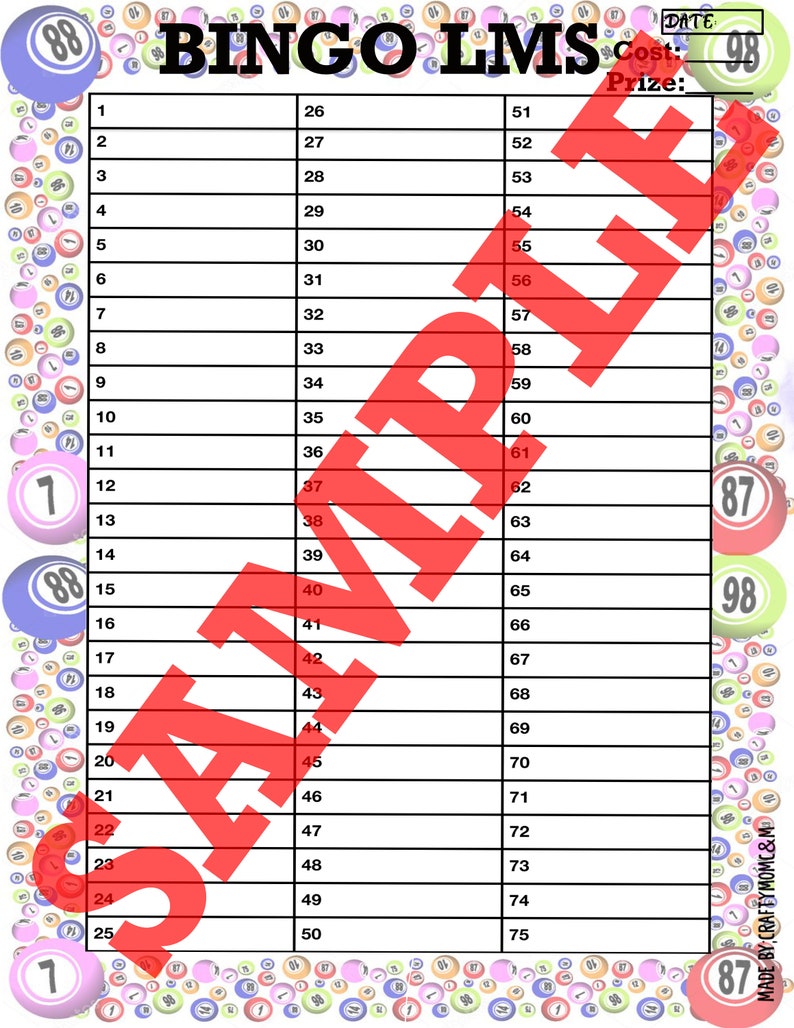 Bingo 1-75 LMS PRINTABLE SHEET - Etsy