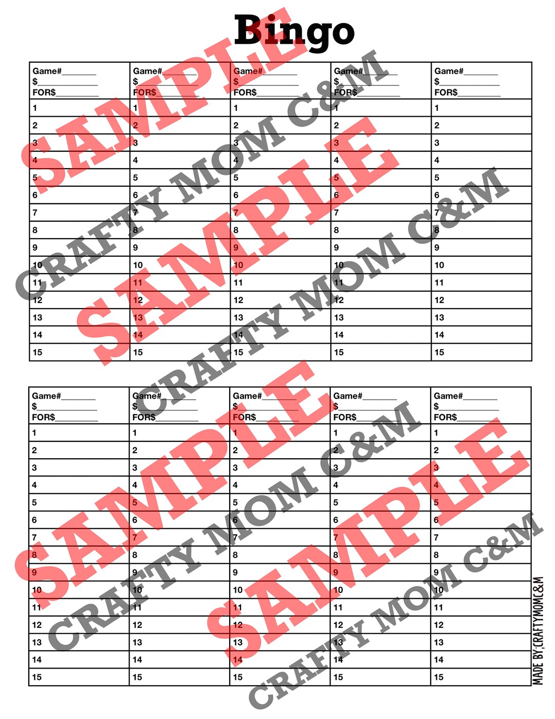 Bingo PRINTABLE Sheet 1-15. - Etsy