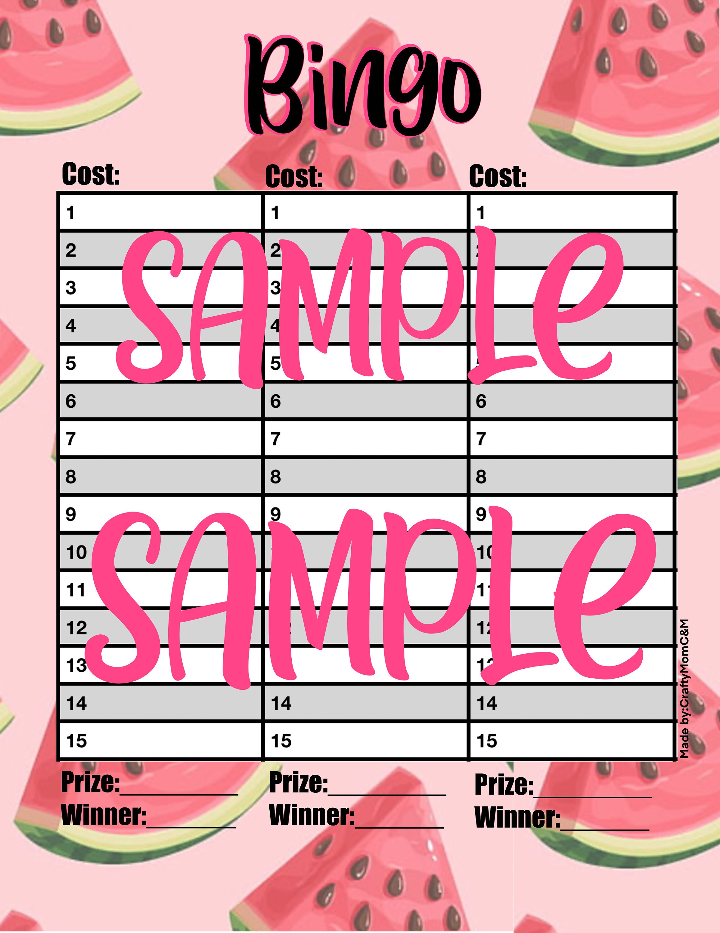 Bingo PRINTABLE Sheet Sets 1-15 Watermelon - Etsy