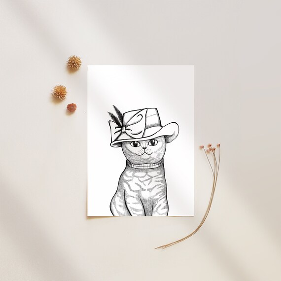 Cat Drawing Original Drawing Cat Wall Art Pen and Ink - Etsy