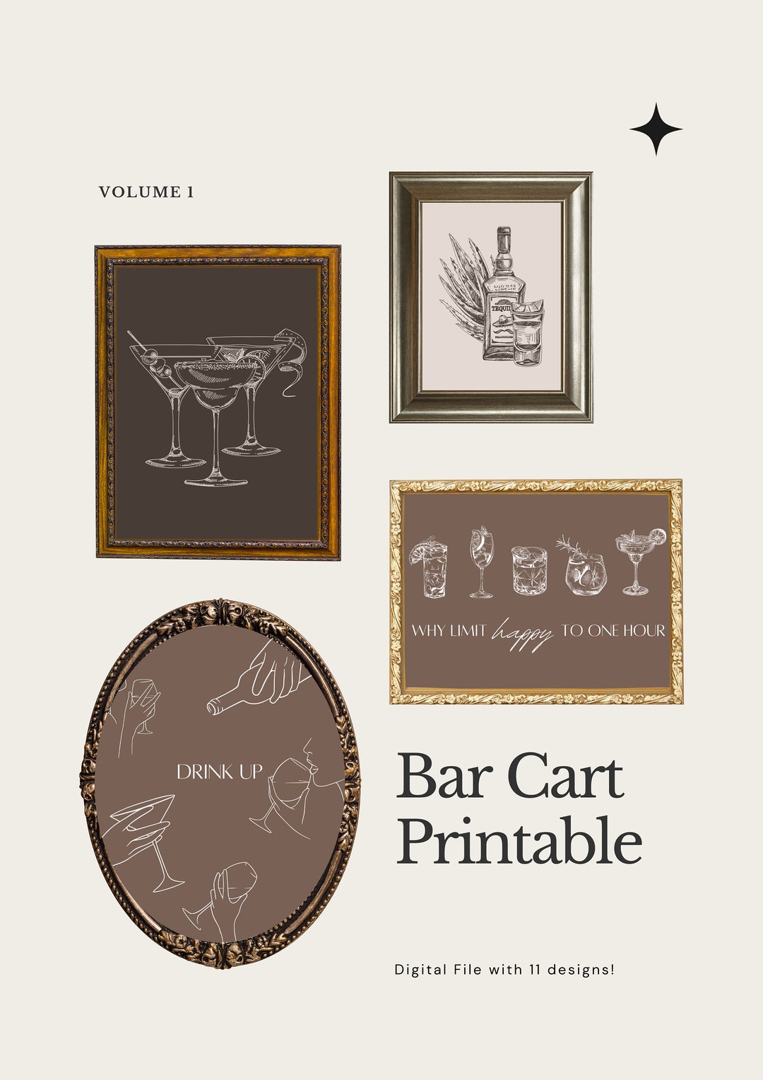 Cocktail Bar Cart Decor, Digital File, Cocktail Printable, Printable ...
