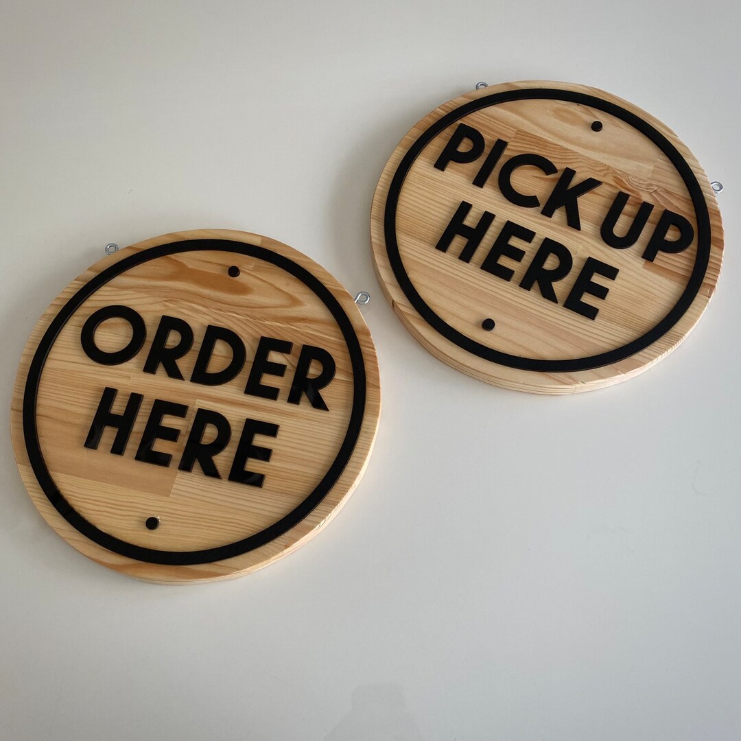 Ordene aquí y recoja aquí Conjunto de letreros circulares de madera ...