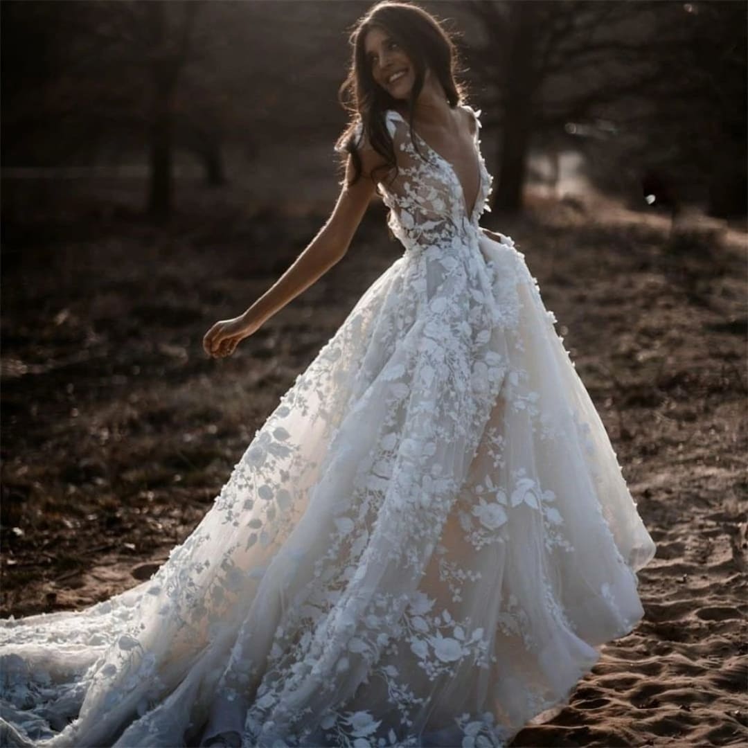 Lace Wedding Dress Floral Wedding Dress 3D Flowers Bridal - Etsy Lace Wedding Dress Floral Wedding Dress 3D Flowers Bridal - Etsy