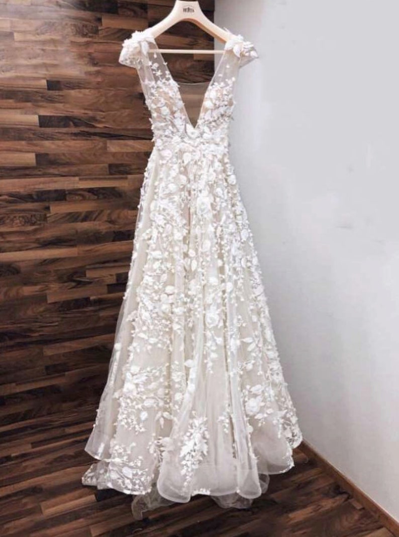 Lace Wedding Dress Floral Wedding Dress 3D Flowers Bridal - Etsy Lace Wedding Dress Floral Wedding Dress 3D Flowers Bridal - Etsy
