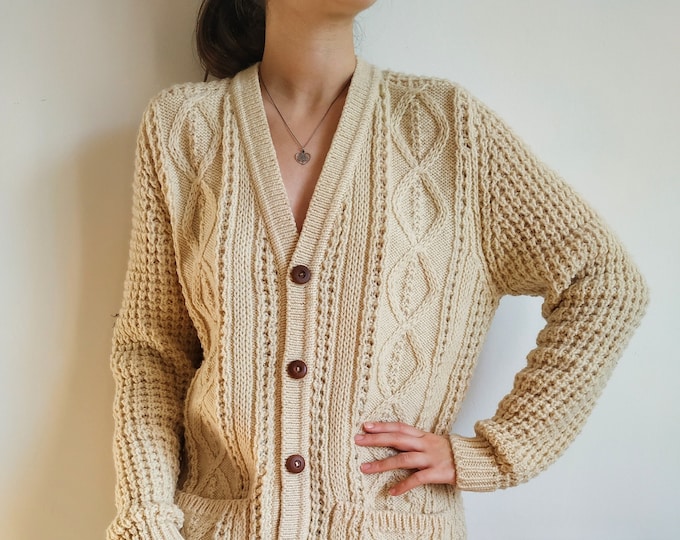 Vintage Irish Wool Fisherman Cardigan / Size L / Cable Knit Wool ...