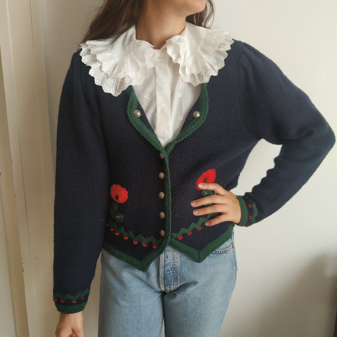 Vintage Austrian-style Poppy Knit Cardigan in Deep Blue / Size Small ...