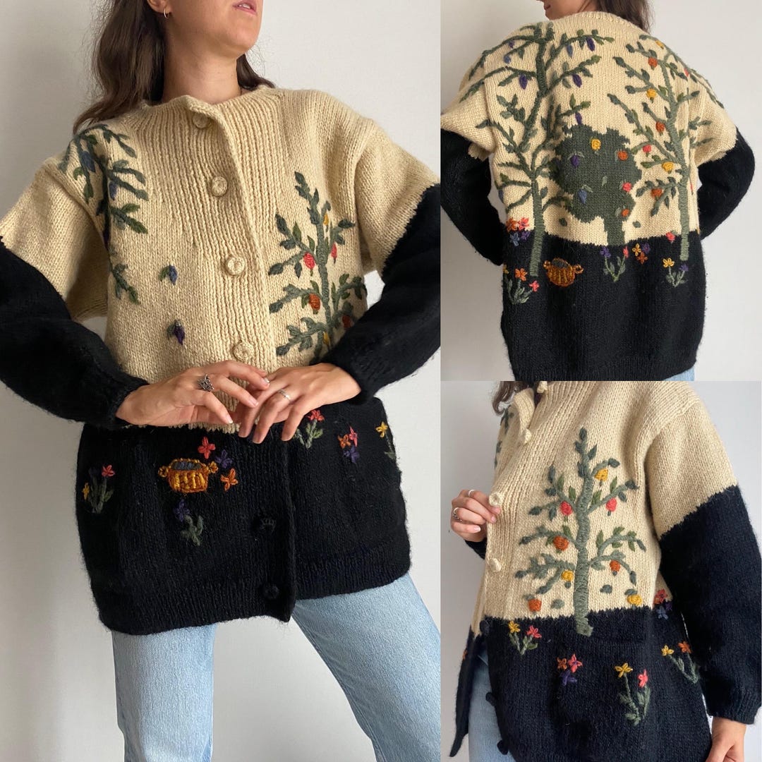Vintage Wool Intarsia Landscape Novelty Hand Knit Cardigan / Size ...