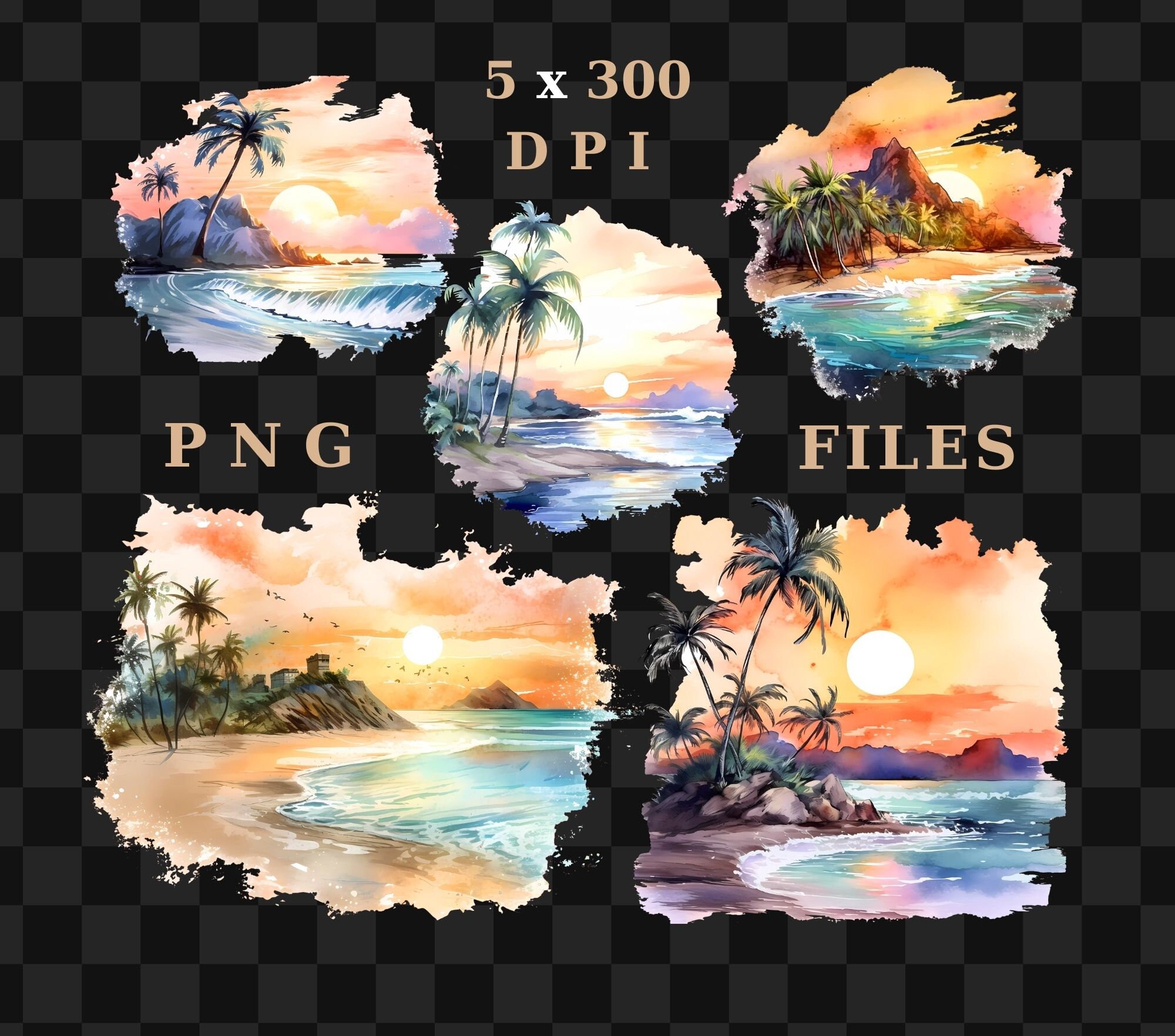 Tropical Watercolor Beach Clipart Bundle 5 X 300 Dpi PNG Files Stickers ...