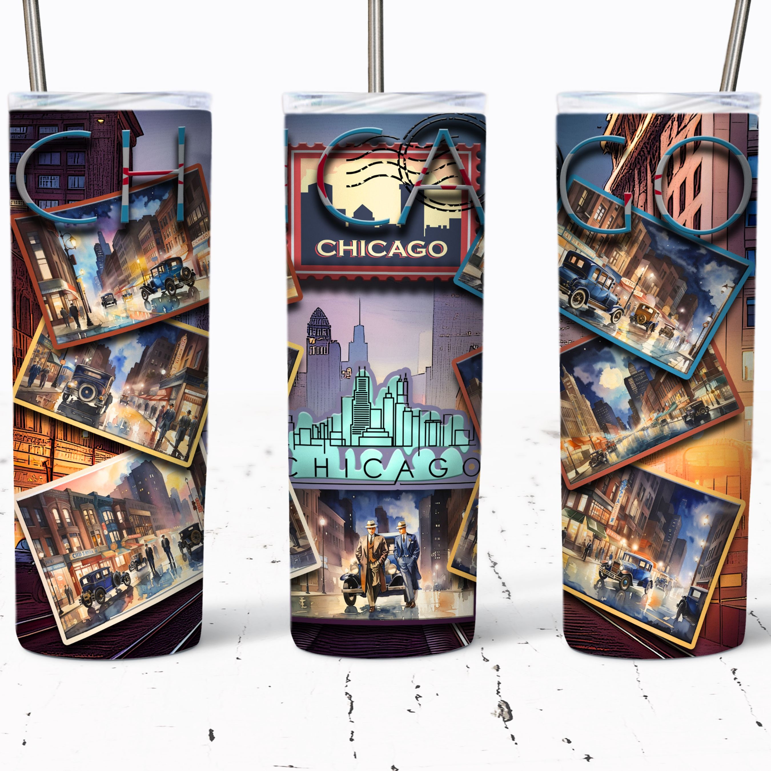 Old Chicago Watercolor Cliparts Tumbler Wrap, 20oz Sublimation Design ...