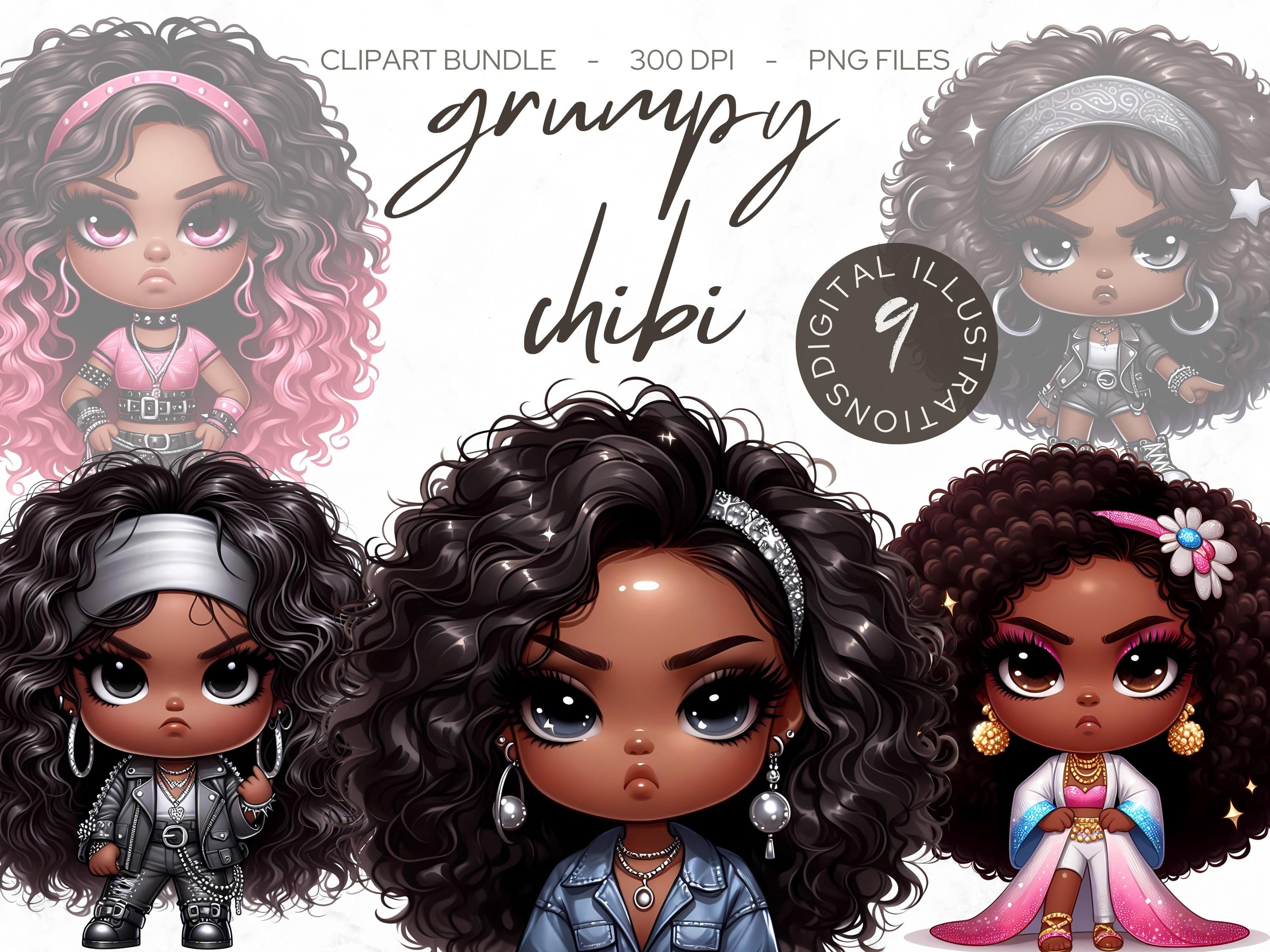 Grumpy Chibi Girls Clipart Bundle, Black Girl Clipart Chibi Style ...