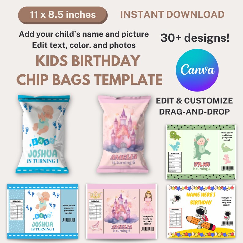 Editable Kids Birthday Chip Bag Template Canva Printable DIY Party ...