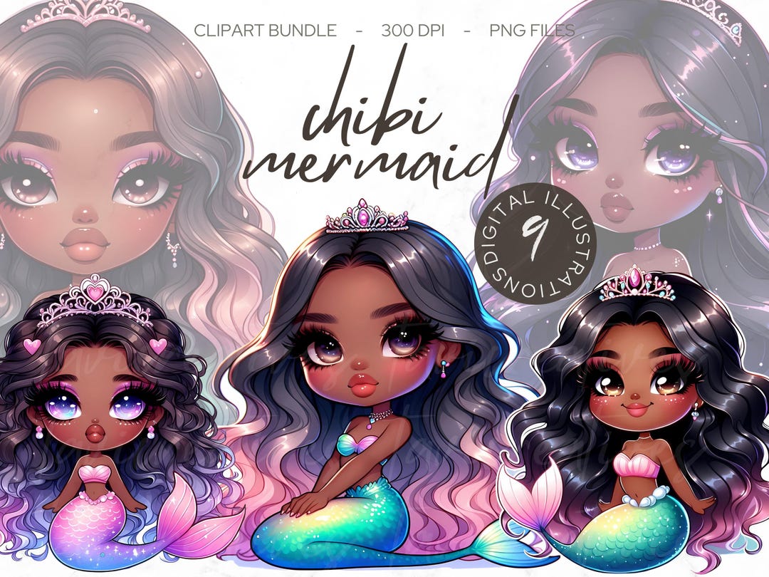 Chibi Mermaid Clipart: Black Girl PNG, Under the Sea Party (digital ...