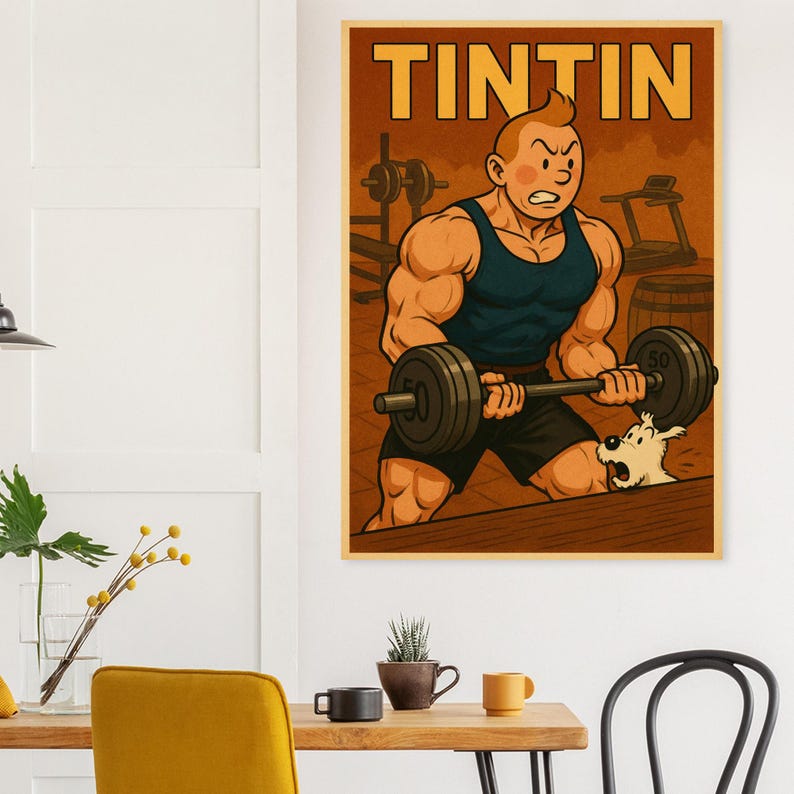 Tintin Gym Poster – Retro Comic Book Fitness Art Print on Premium Matte ...