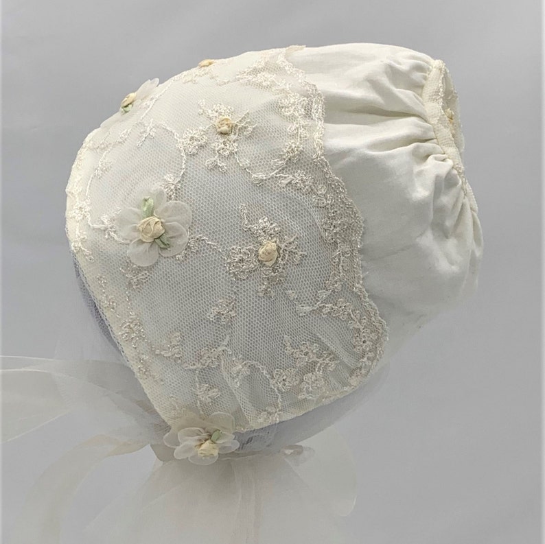 Antique White Cotton Bonnet With Silk Flower Embroidery, Christening ...