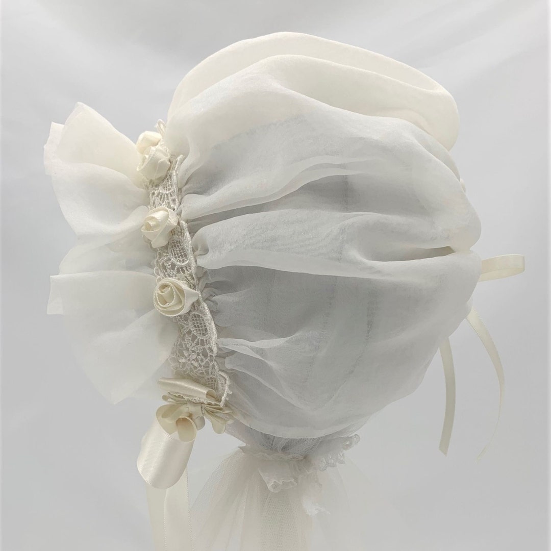 Ivory Organza Baptism Bonnet With Antique White Trim, Christening ...