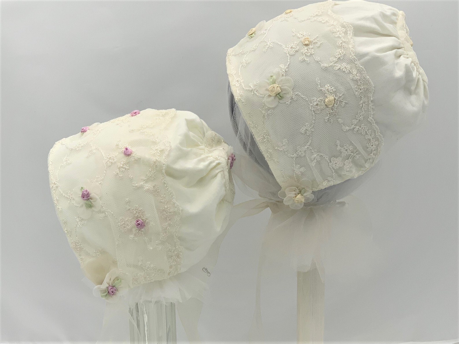 Antique White Cotton Bonnet With Silk Flower Embroidery, Christening ...