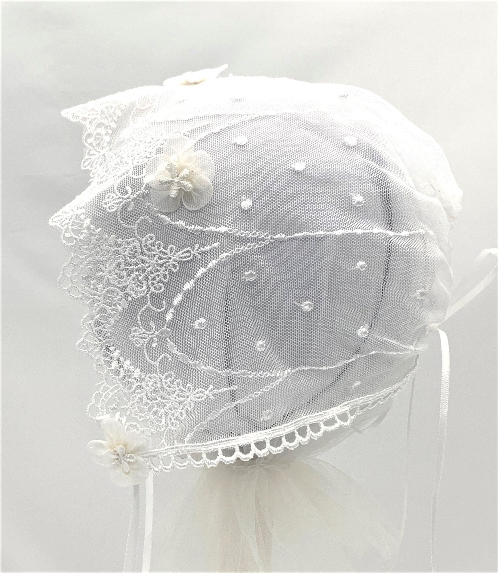 Embroidered Net Christening/baptism Bonnet, Off White Lace Bonnet - Etsy