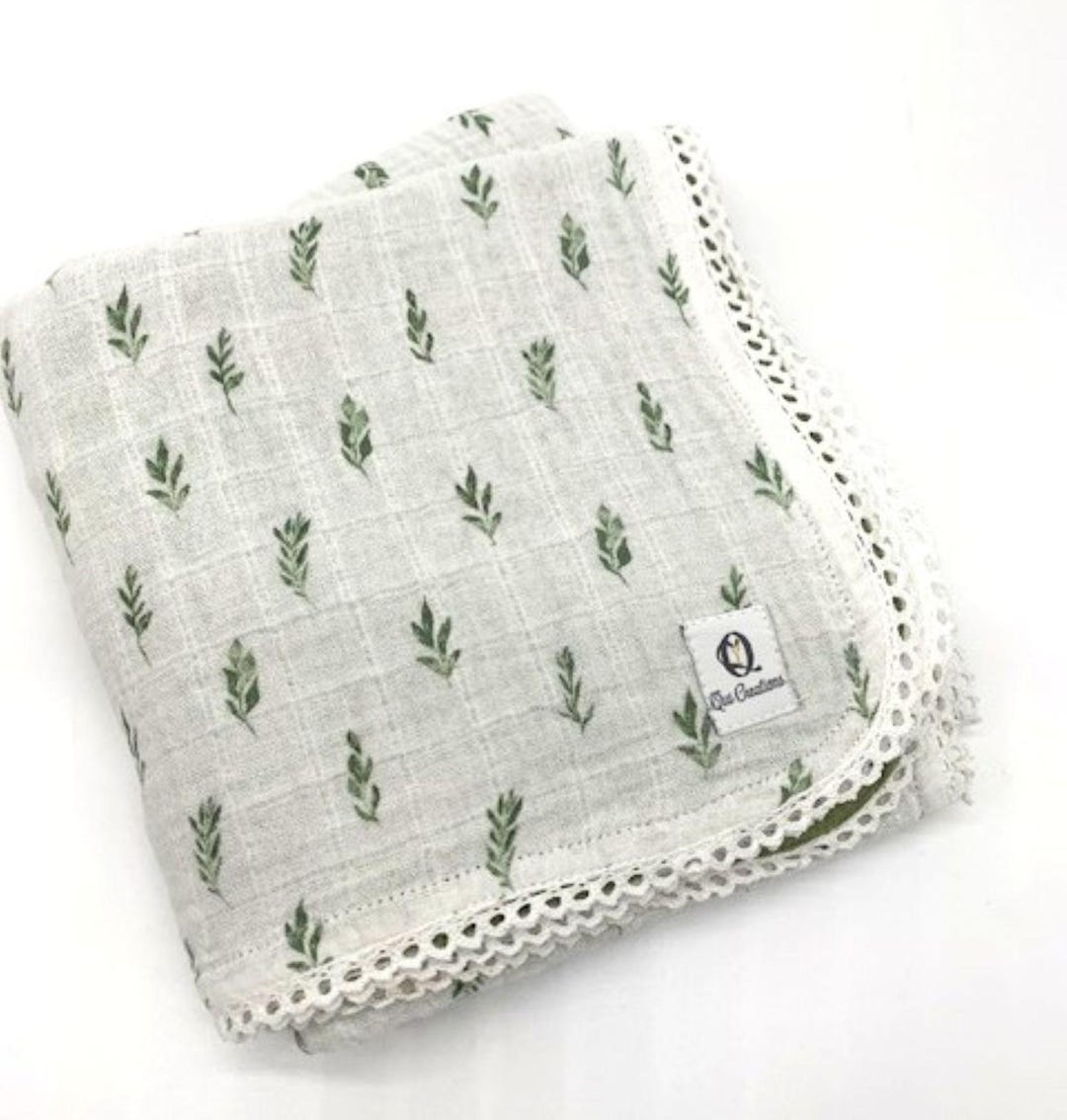 Double Gauze Blanket With Leaf Print and Cotton Lace Edging 37"x39" - Etsy