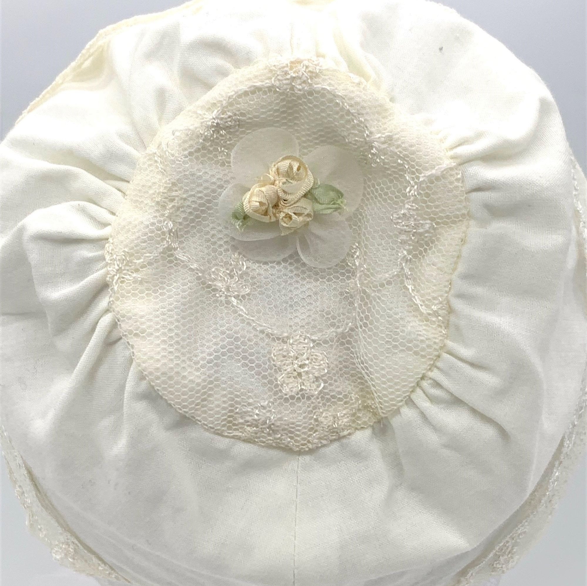 Antique White Cotton Bonnet With Silk Flower Embroidery, Christening ...