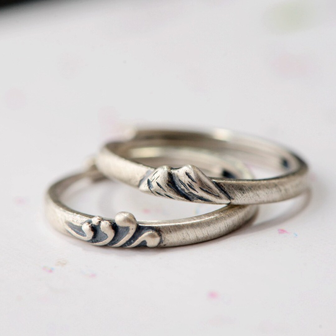 925 Sterling Silver Couple Rings Set Dainty Ring Mountain Sea Ring ...