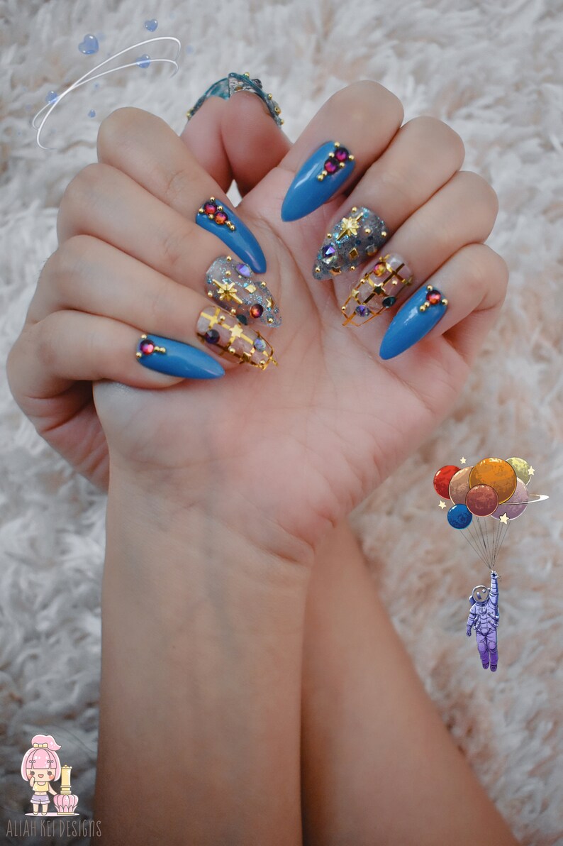 Teal Space Galaxy Press on Nails Kawaii Nails Cute Nails - Etsy