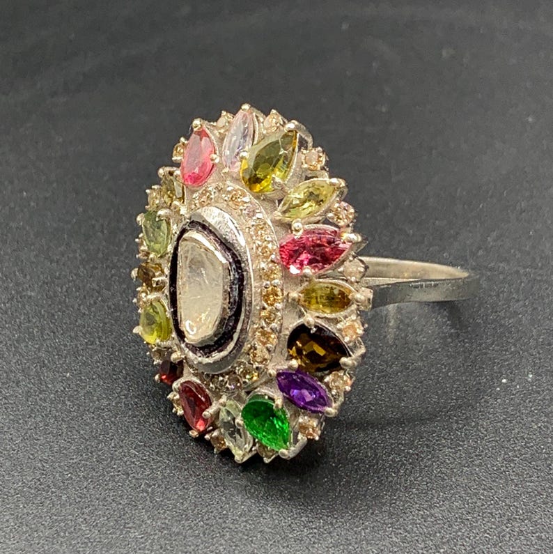 Victorian Style Natural Tourmaline Ring With Diamond Polki & Natural ...