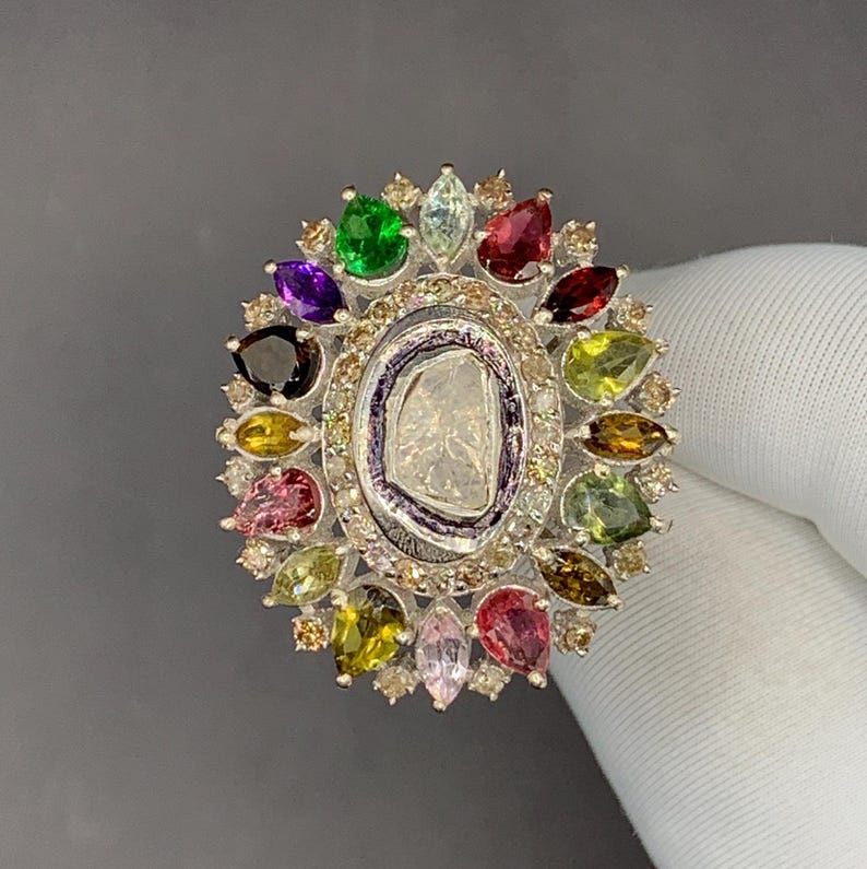 Victorian Style Natural Tourmaline Ring With Diamond Polki & Natural ...