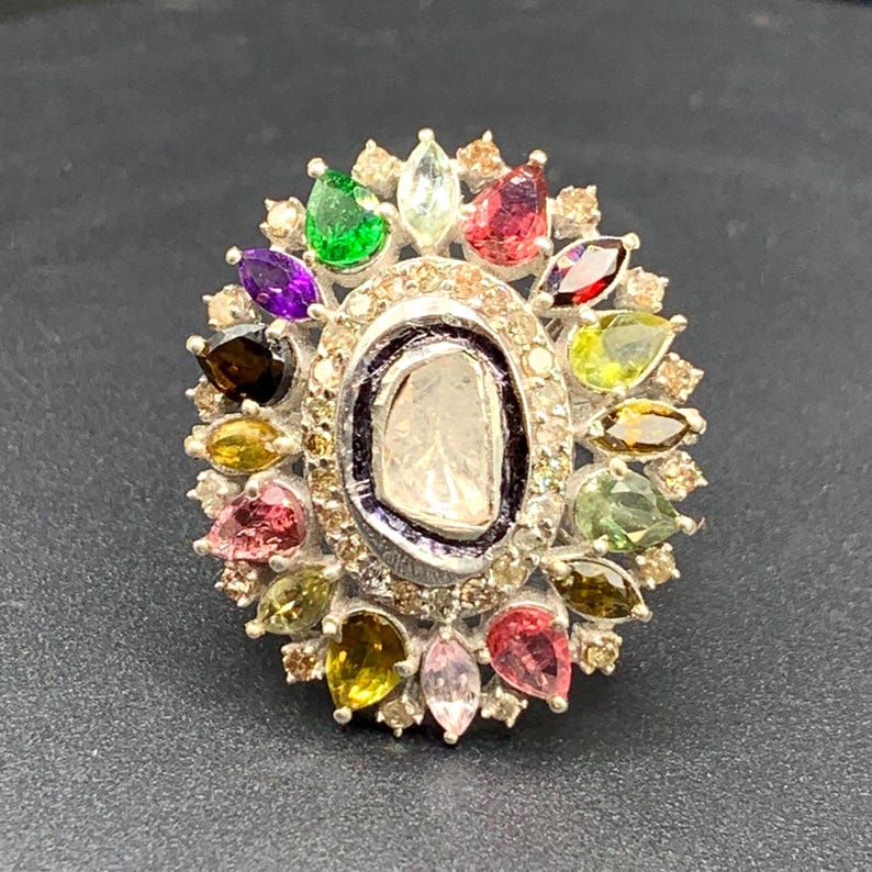 Victorian Style Natural Tourmaline Ring With Diamond Polki & Natural ...
